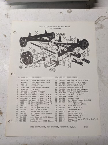 ARPS WAGON PARTS LIST BOOK MANUAL CATALOG 1965 TRACTOR ATTACHMENT WG ...