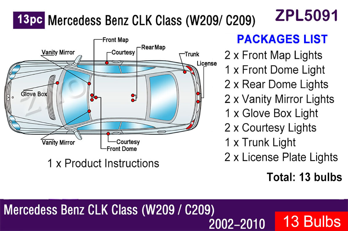 LED Interior Light Kit + License Plate Light Bulbs for Mercedes CLK ...