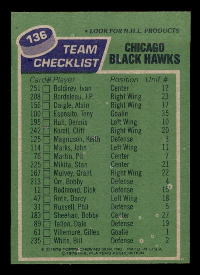 1976 Topps Hockey #136 Blackhawks EX/MT | eBay
