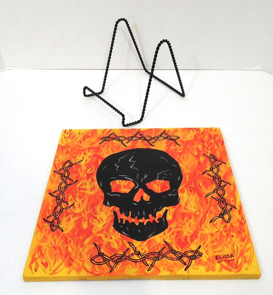 Flaming Skull & Barbed Wire Flagstone Art Painting Orange/Red/Black By ...