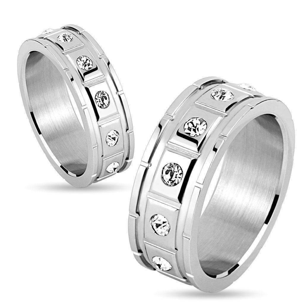 Herren Damen Ring Silber Edelstahl mit Rillen und 12 CZ Kristallen ...