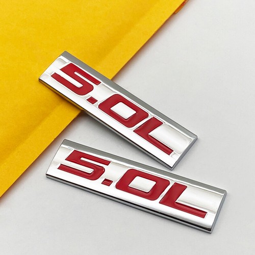 2Pcs Red Metal 5.0L Fender Trunk Badge 3D Emblem V6 V8 Engine Chrome ...