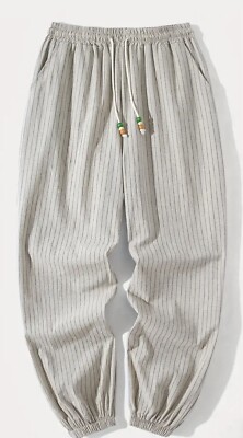 Men’s Cotton Linen Striped Joggers With Drawstring- Casual Loose Fit ...