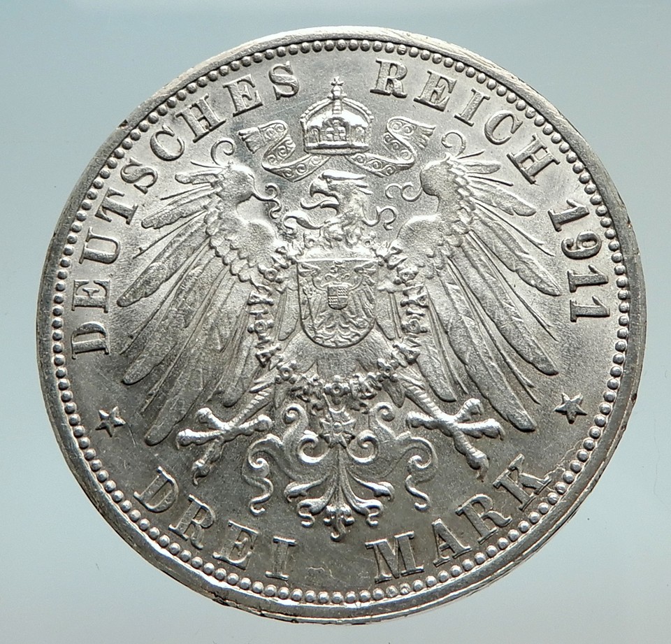 1911 Germany GERMAN STATES Wurttemberg w WILHELM II Antique Silver Coin ...