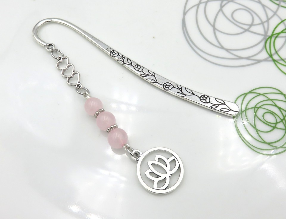 Lotus Flower Charm Bookmark Metal Pink Rose Quartz Gemstone Beaded ...