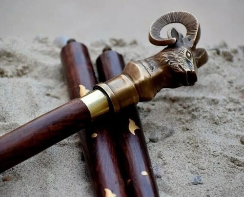 Vintage Mountain Goat Head Walking Cane Wooden Stick Antique Brass ...