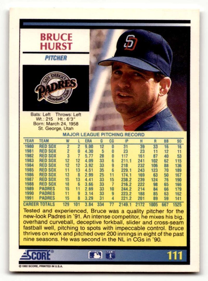 1992 Score #111 Bruce Hurst San Diego Padres Baseball Cards EX/NM ID ...