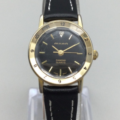 Milan Diamond Watch Women 23mm Gold Tone Black Dial Leather Band New ...