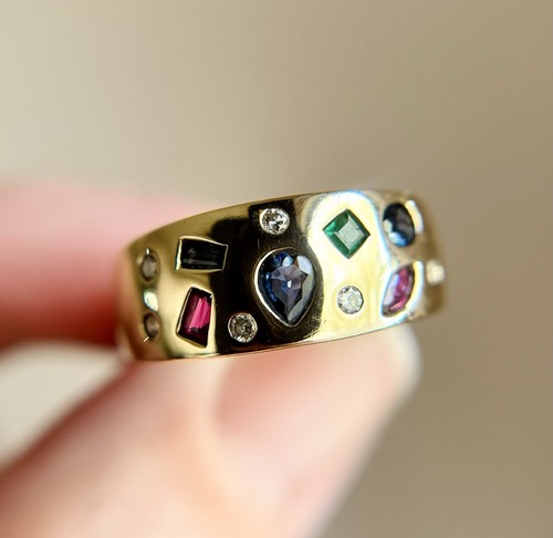 Fun Vintage 10K Yellow Gold Multi Gem & Diamond Set Confetti Ring Sz ~7 ...