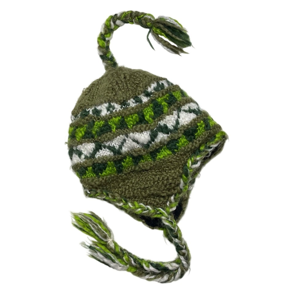 Turtle Fur Green Knit Peruvian Hat Adult Ear Flap Tassel Wool Blend ...