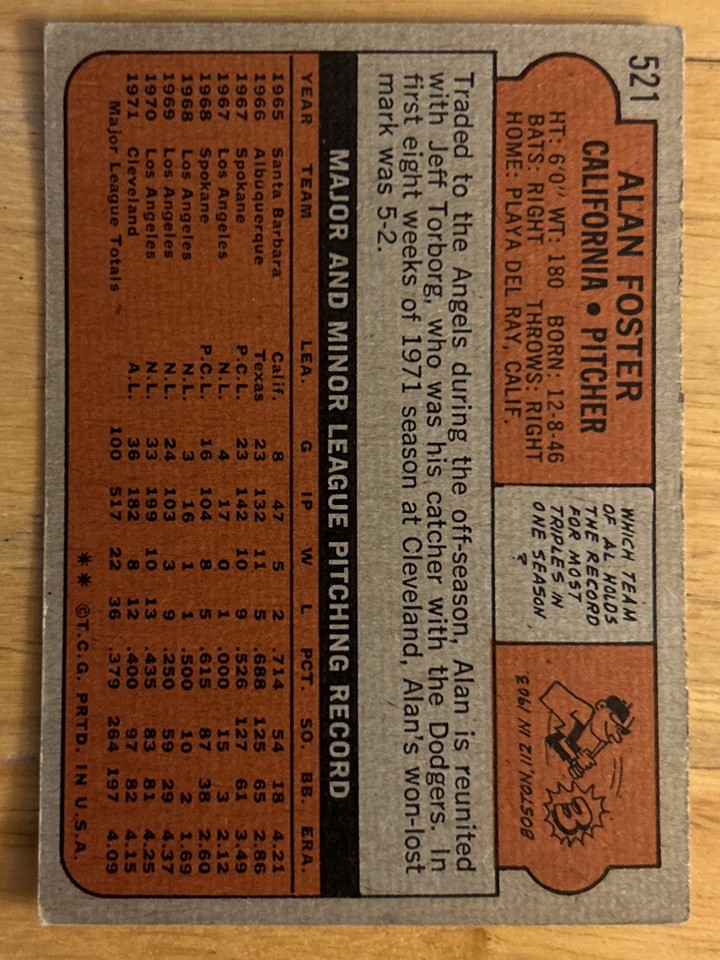 1972 Alan Foster Baseball Card #521 Angels Pitcher Low-Grade O/C | eBay