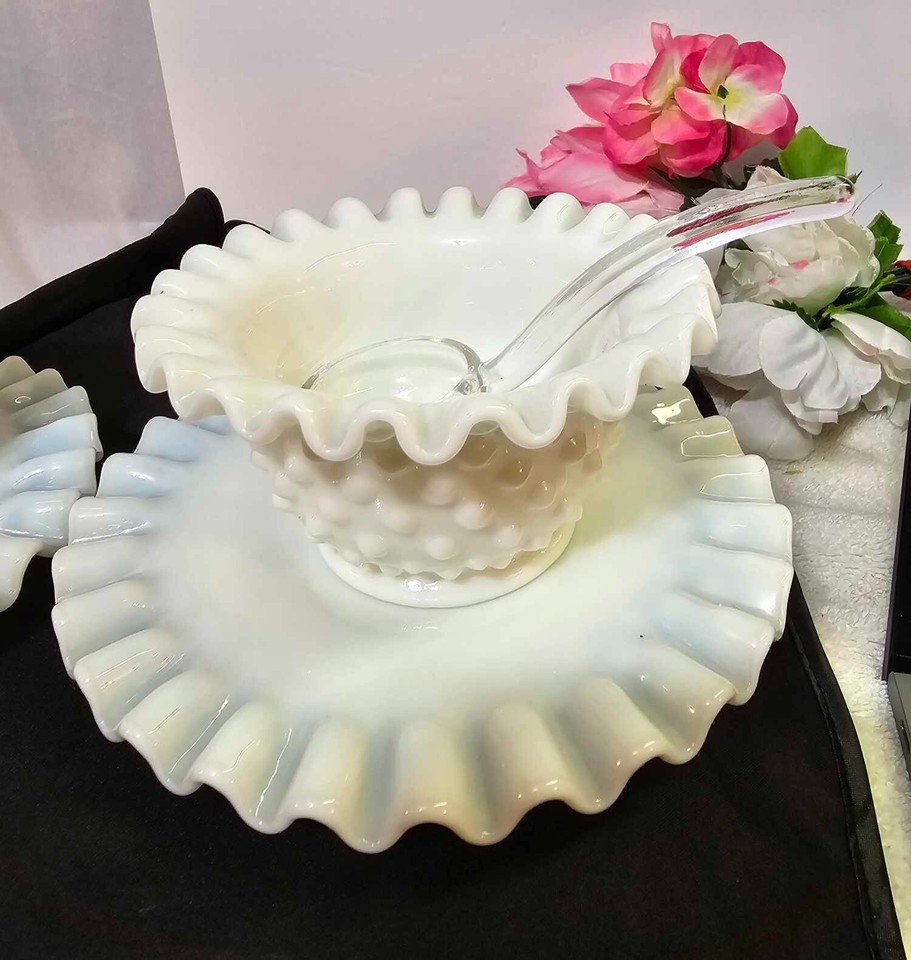 Vtg Fenton? 7pc Hobnail Milk Glass Jam Jar w lid, bowl/sugar w plate ...