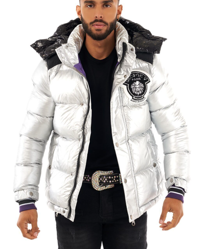 Avenue George V Paris Men's Puffer Jacket Silver detachable Hooded Coat ...