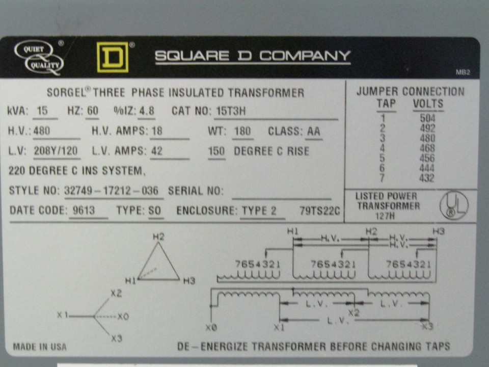 😏 SQUARE D 15 KVA DRY TYPE TRANSFORMER 480 HV 208Y/120 LV 3 PHASE 15T3H ...
