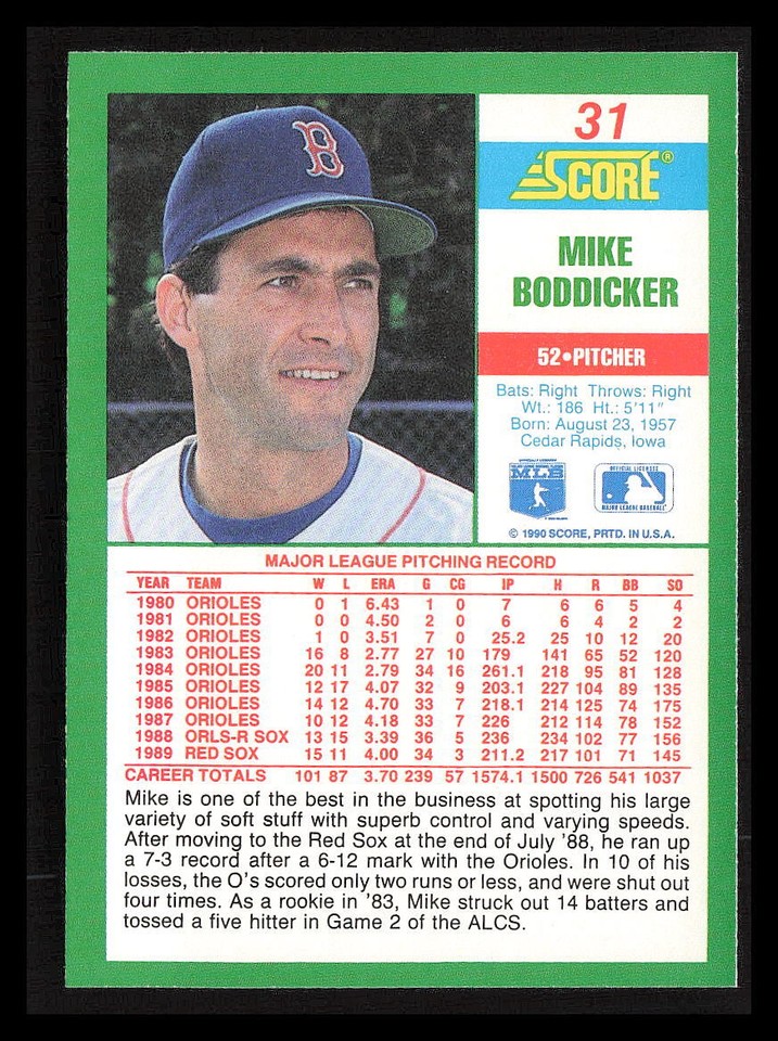 Mike Boddicker 1990 Score #31 Boston Red Sox | eBay
