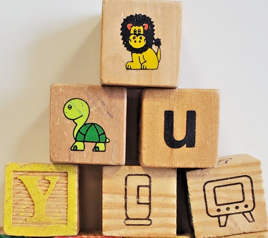 Alphabet Blocks Wood Wooden Building Block With Bucket Lid Handle VTG ...