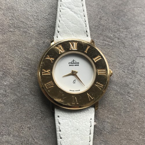 Vintage Itraco Swiss Made Quartz Watch 4346 Gold Tone W/White Leather ...
