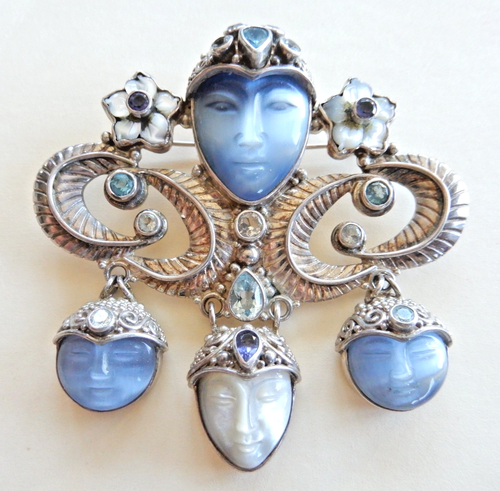 Sajen Sterling Bali Moon Face Pin/Pendant 4 hand-carved gemstone faces ...