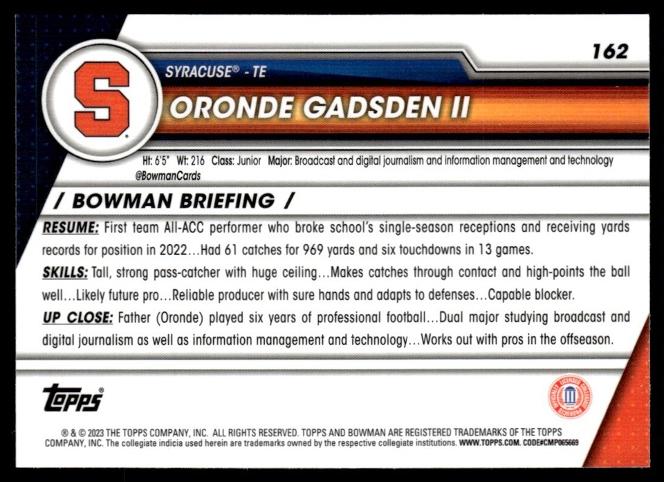 ORONDE GADSDEN II 2023 BOWMAN UNIVERSITY CHROME RC SYRACUSE ORANGEMEN ...