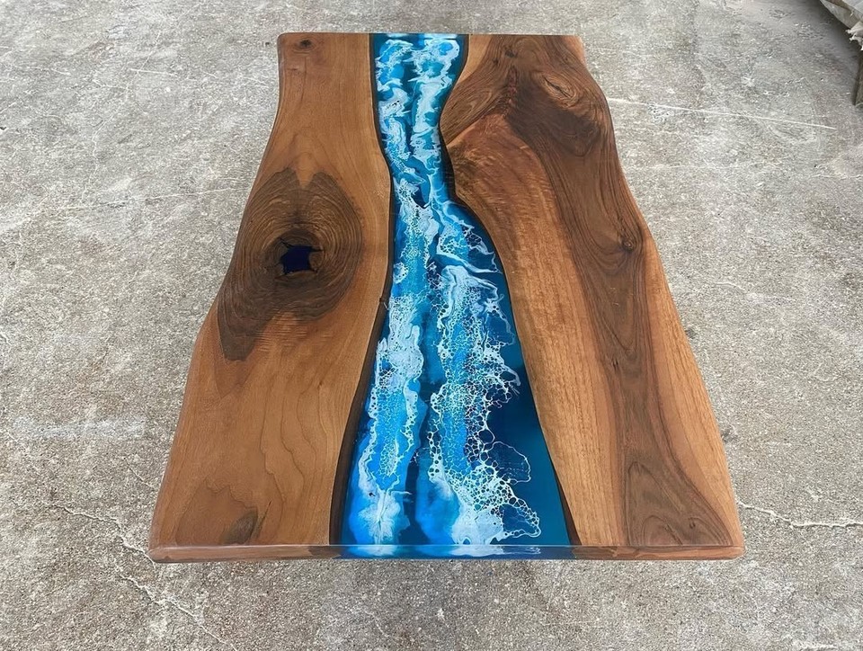 Handmade Ocean Blue Epoxy River Table | Live Edge Resin Wood Dining ...