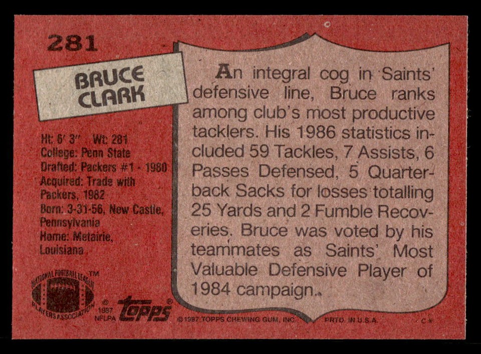 Bruce Clark 1987 Topps #281 New Orleans Saints | eBay