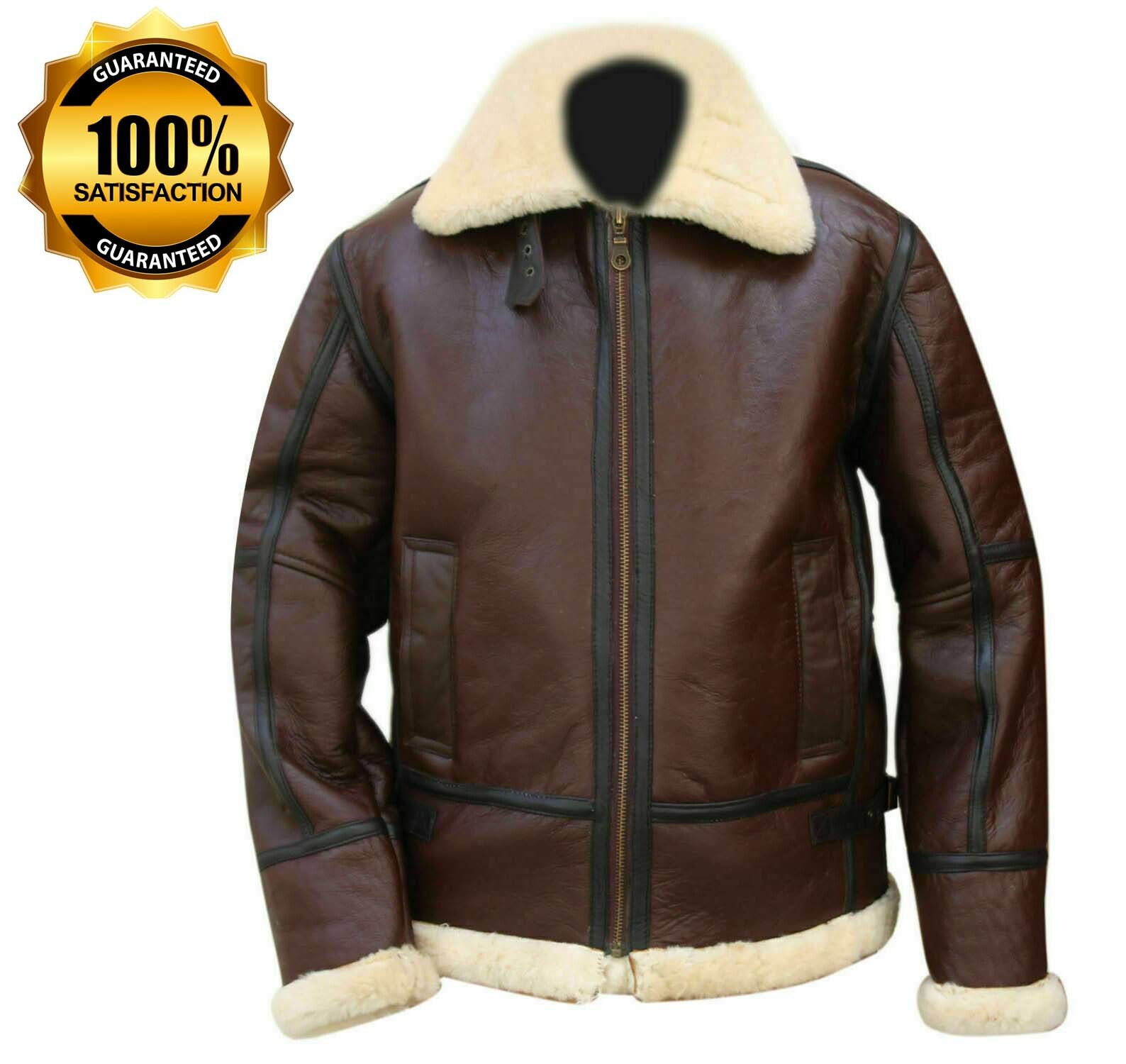 RAF Aviator Mens B3 Bomber Pilot Flying Fur Collar Real Sheepskin ...