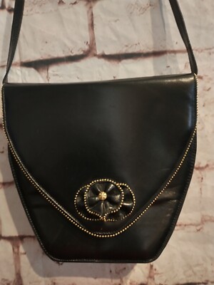 Vintage Janelli Spain Purse Black Structured Flap Flower Leather ...