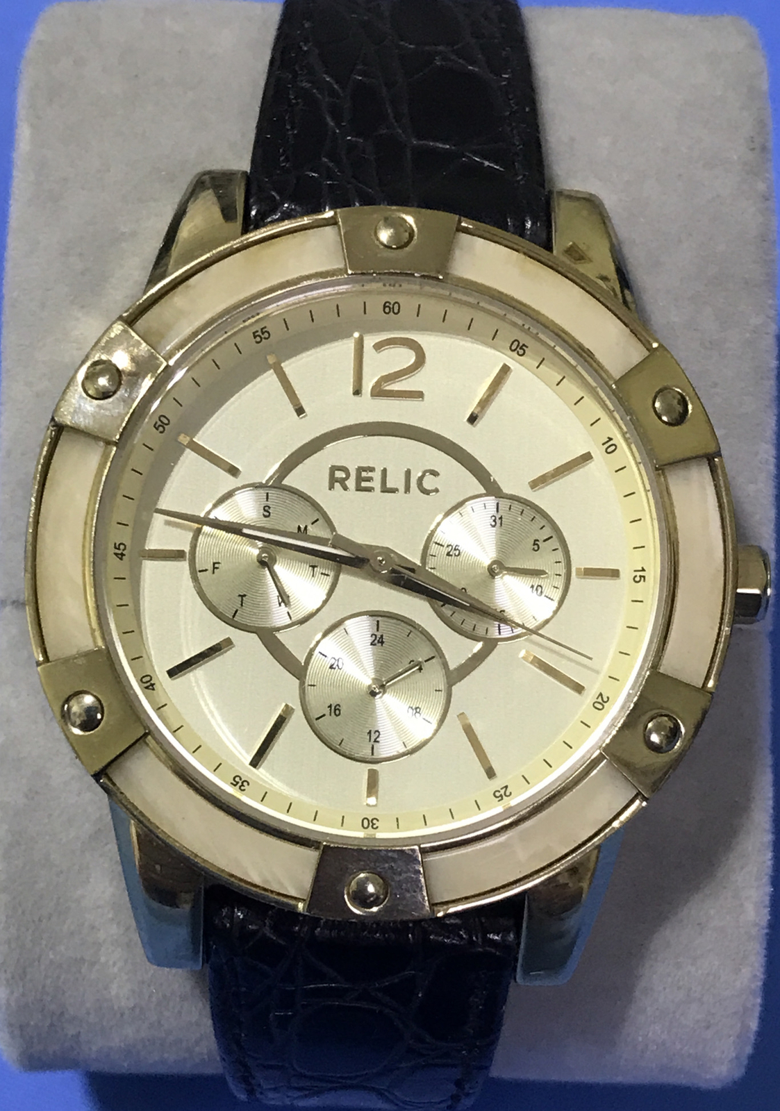 Relic Mens Watch Multi Goldtone Black leather band New Battery 43mm | eBay