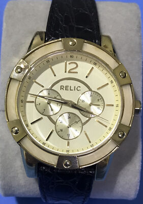 Relic Mens Watch Multi Goldtone Black leather band New Battery 43mm | eBay