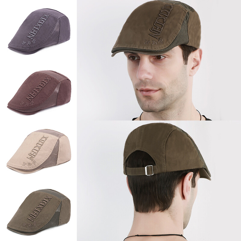 CNTANG Casual Men Mesh Beret Flat Hat Vintage Letter Flat Berets Visor ...