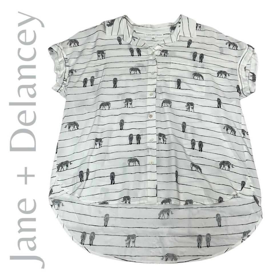 Jane + Delancey Rayon White Black Zebra Stripe Button Down Shirt Women ...