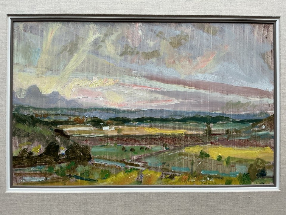 ROBERT SUDLOW SIGNED OIL / PAPER PAINTING HIDDEN SUNDOWN LANDSCAPE ...
