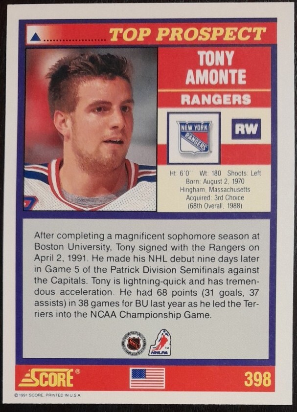 1991 Score Tony Amonte Rangers #398 Hockey Card | eBay