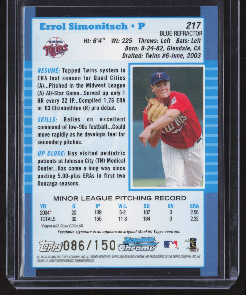 2005 Bowman Chrome Errol Simonitsch Blue Refractor /150 #217 | eBay