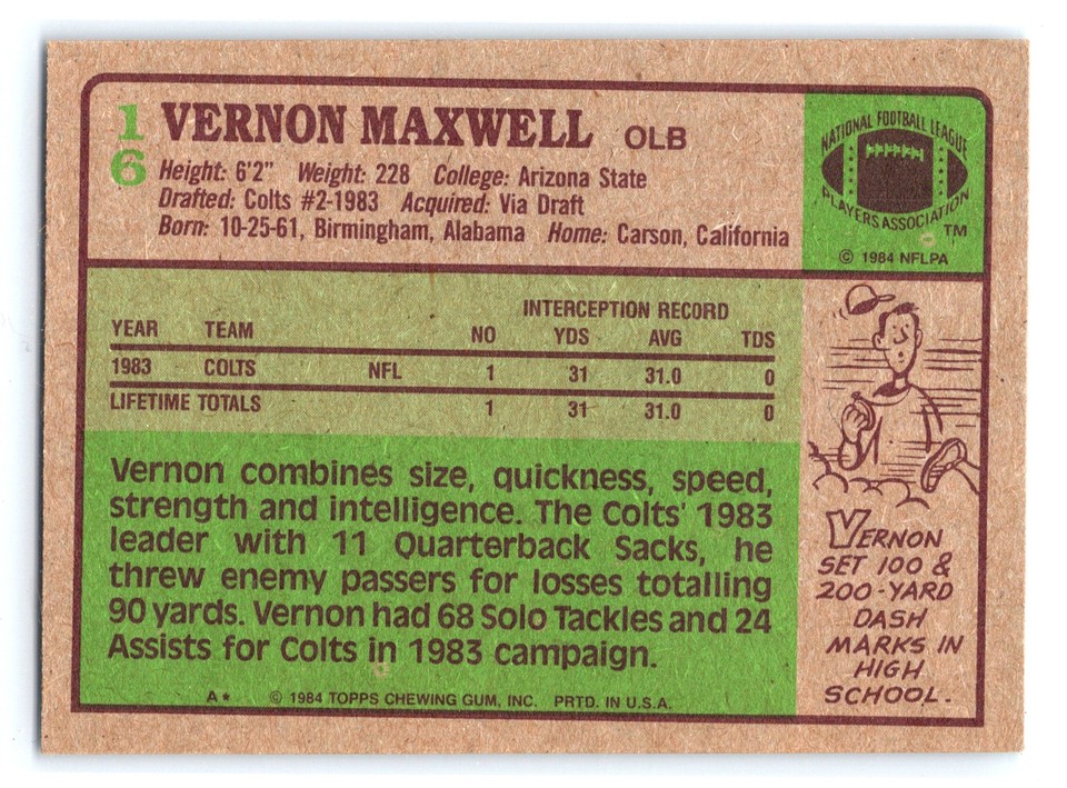 1984 Topps #16 RC Vernon Maxwell Baltimore Colts | eBay