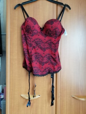LadiesRed & Black Lace Underwired Basque with Suspender Size 34B | eBay UK