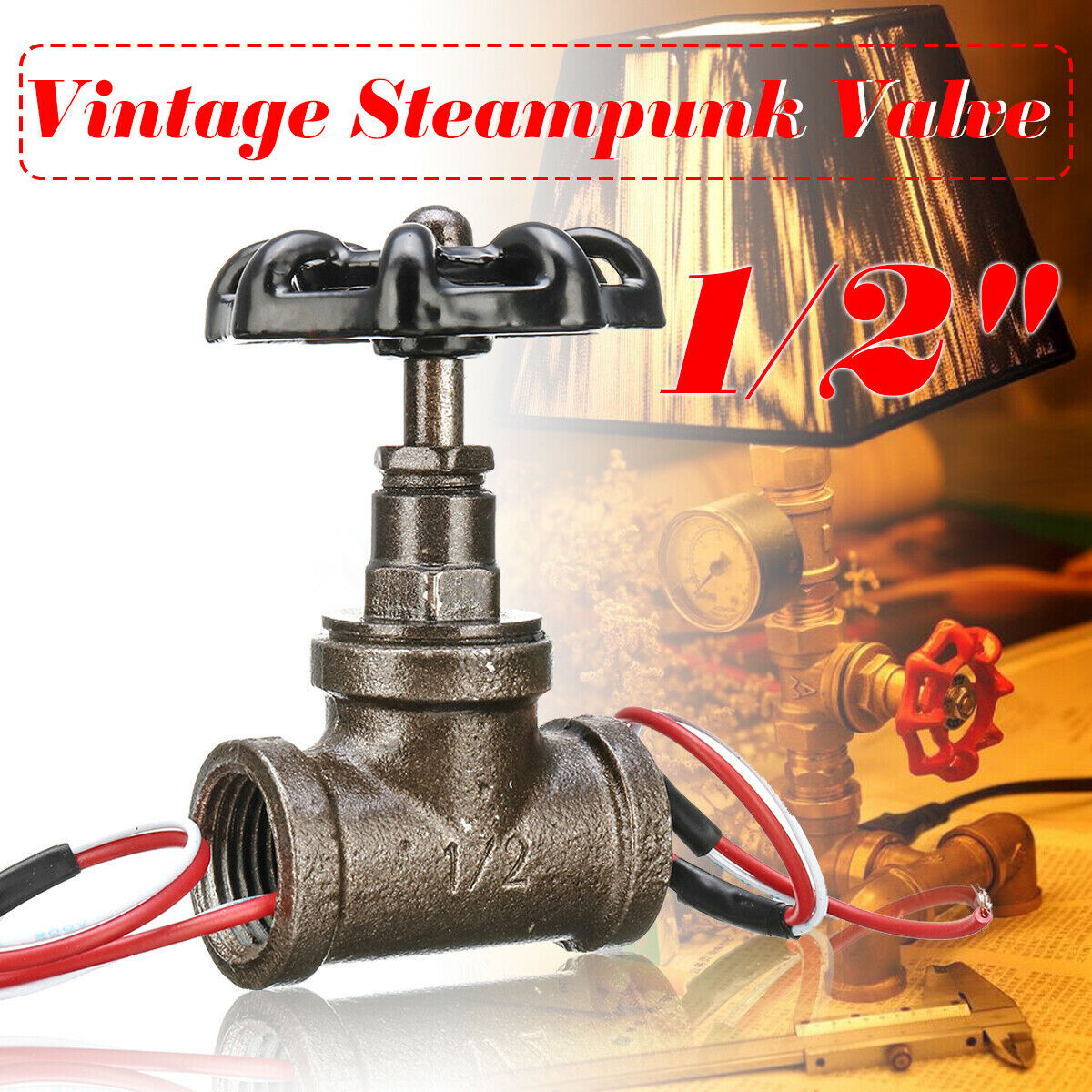 Iron Vintage Steampunk 1/2'' Stop Valve Light Switch W/ Wire For Table ...