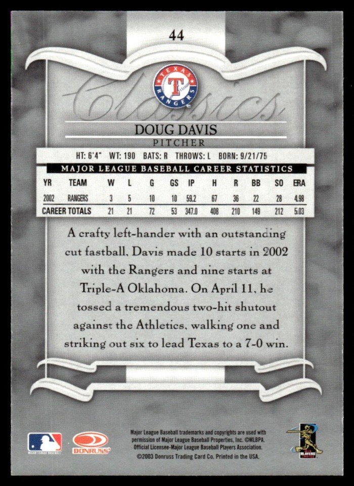 2003 Donruss Classics Doug Davis Texas Rangers #44 | eBay