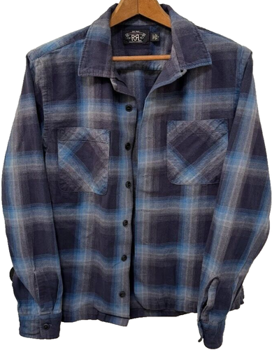 🔥 RRL Double RL Blue Navy Check Flannel Shirt M Double Pocket Ralph ...