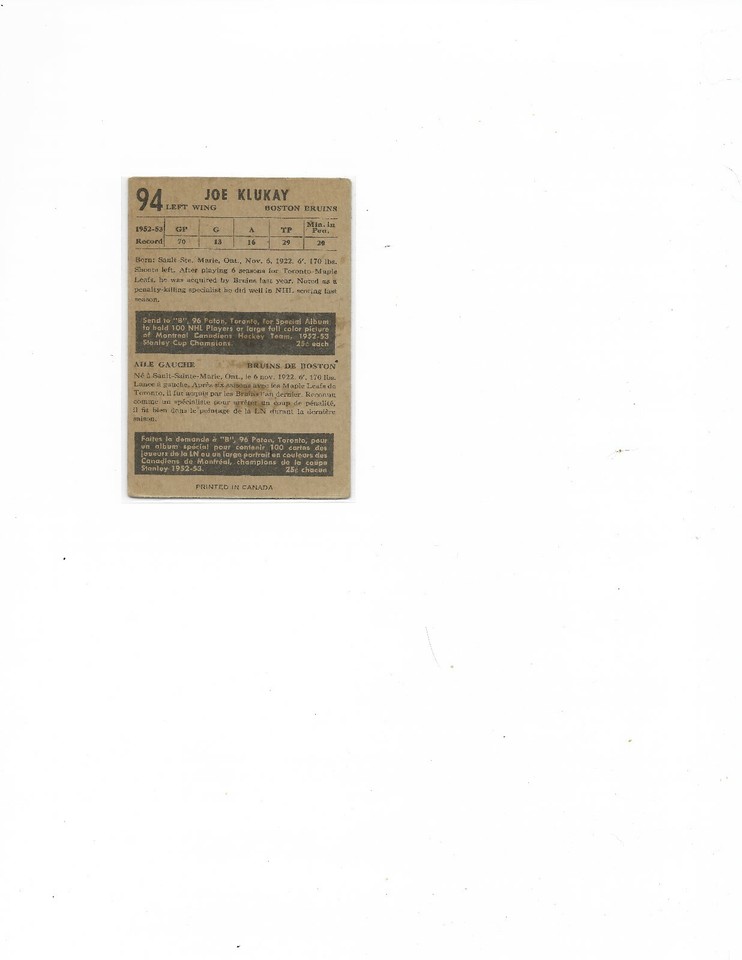 1953/54 PARKHURST HOCKEY JOE KLUKAY #94 BOSTON BRUINS | eBay