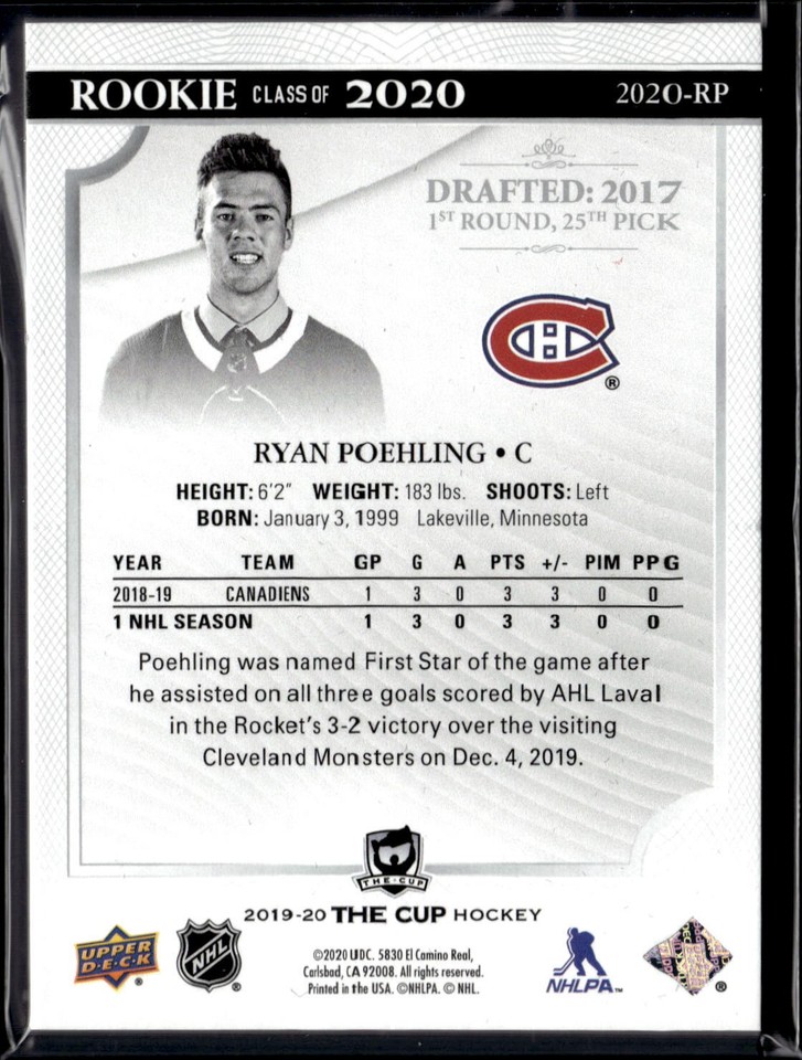 2020 The Cup #2020-RP Ryan Poehling Rookie Ckass | eBay