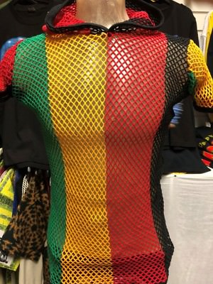 RED GOLD GREEN & BLACK RASTA STRING FISHNET MESH WITH HOOD T SHIRT ...