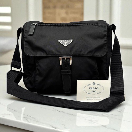 Prada Nylon Shoulder Bag Crossbody Black Logo Silver Fittings Authentic ...