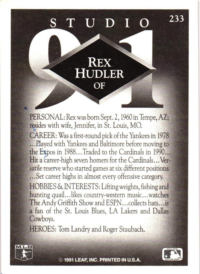 Rex Hudler #233 Signed 1991 Leaf Studio MLB Baseball Card Cardinals ...