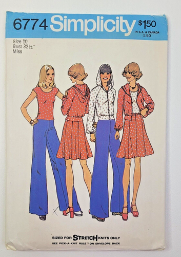 70s Simplicity Sew Pattern 6774 Misses Hooded Jacket-Top-Pants-Skirt Sz ...