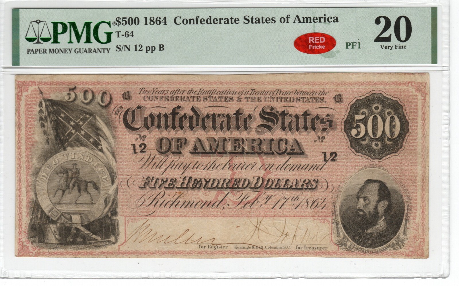 T-64 PF-1 1864 $500 Confederate Paper Money - PMG Very Fine 20 - Serial ...