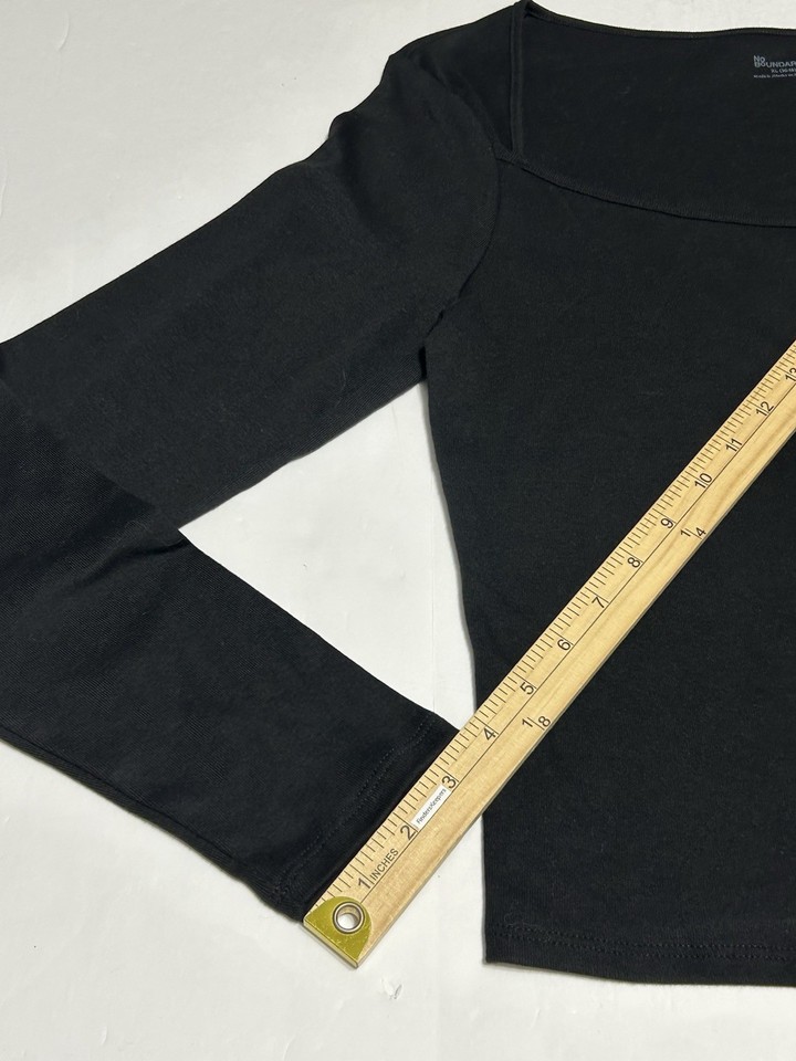 NEW Women's Black Square Neck Long Sleeve Slim Fit Stretch Ribbed Basic ...