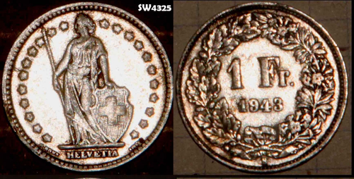 1943 Swiss 1 One Franc Extra Fine Switzerland Silver Coin Helvetia XF ...
