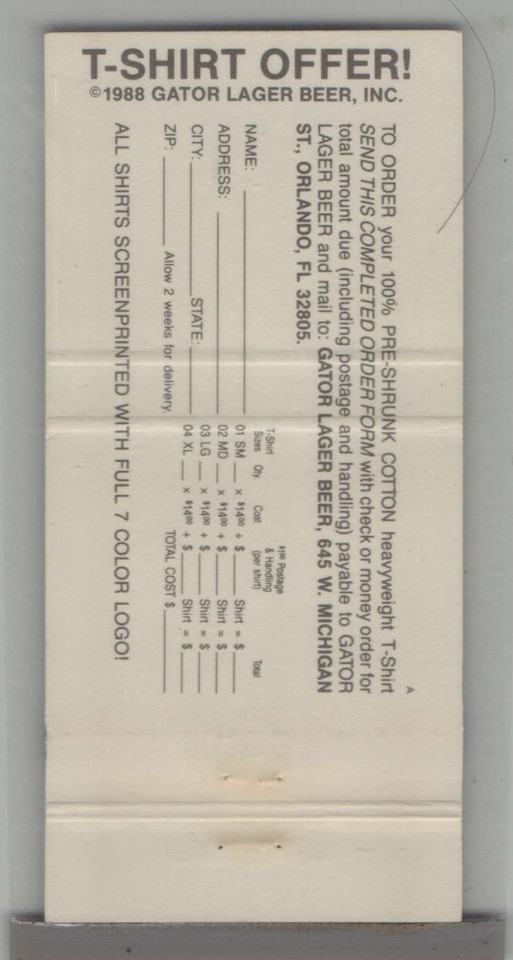 Matchbook Cover - Alligator - Gator Lager Beer | eBay