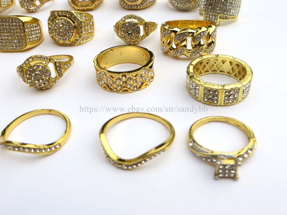 wholesale bling cocktail rings 24pc cz rhinestone gold plated men woman ...